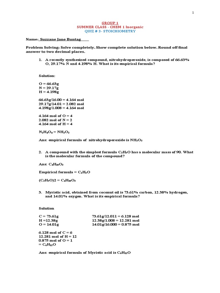 Chem 1 Quiz 3 Stoichiometry | PDF | Mole (Unit) | Molecules