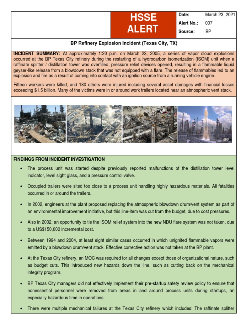 HSSE Alert - BP Refinery Explosion Incident - March 23rd | PDF | Safety ...