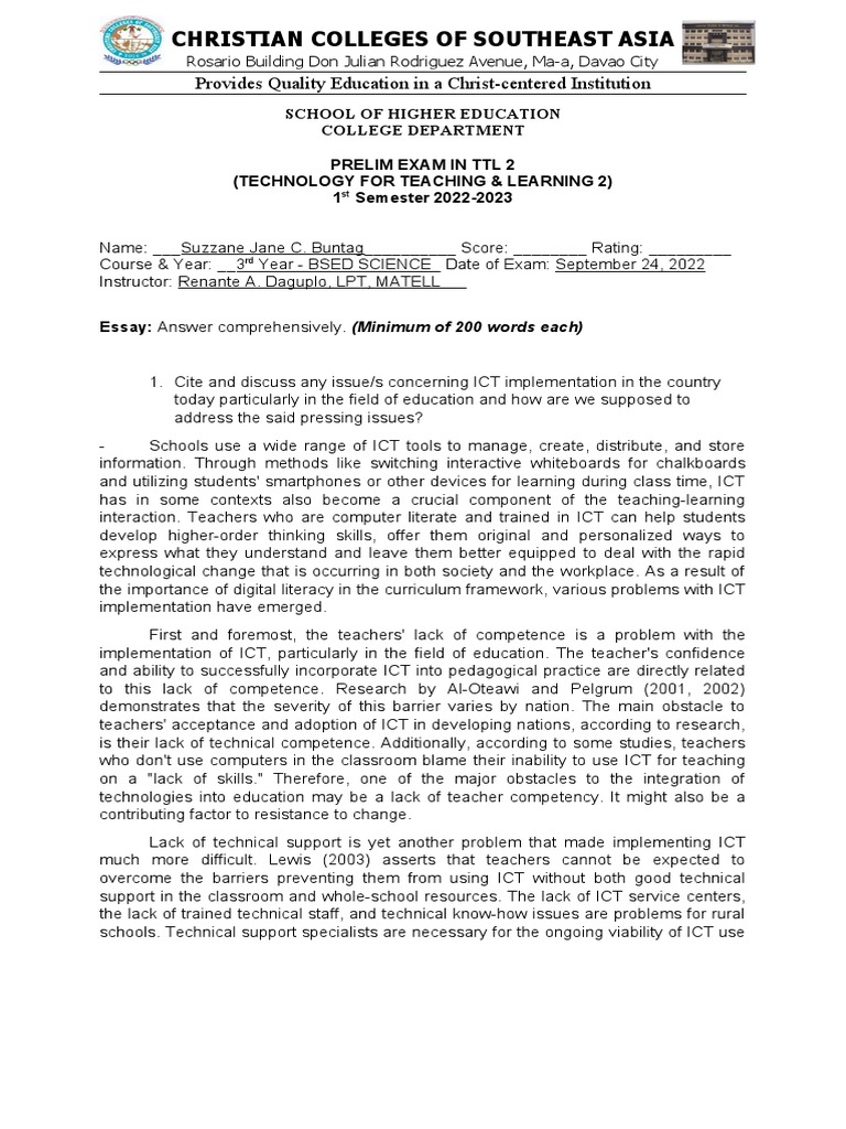 Answer Prelim Exam in TTL 2 | PDF | Educational Technology | Teaching Method