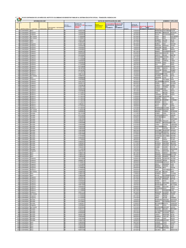 Formato Continuidad NN Del ICBF Al Se 2019 - Listas Desplegables - Final - Nov | PDF