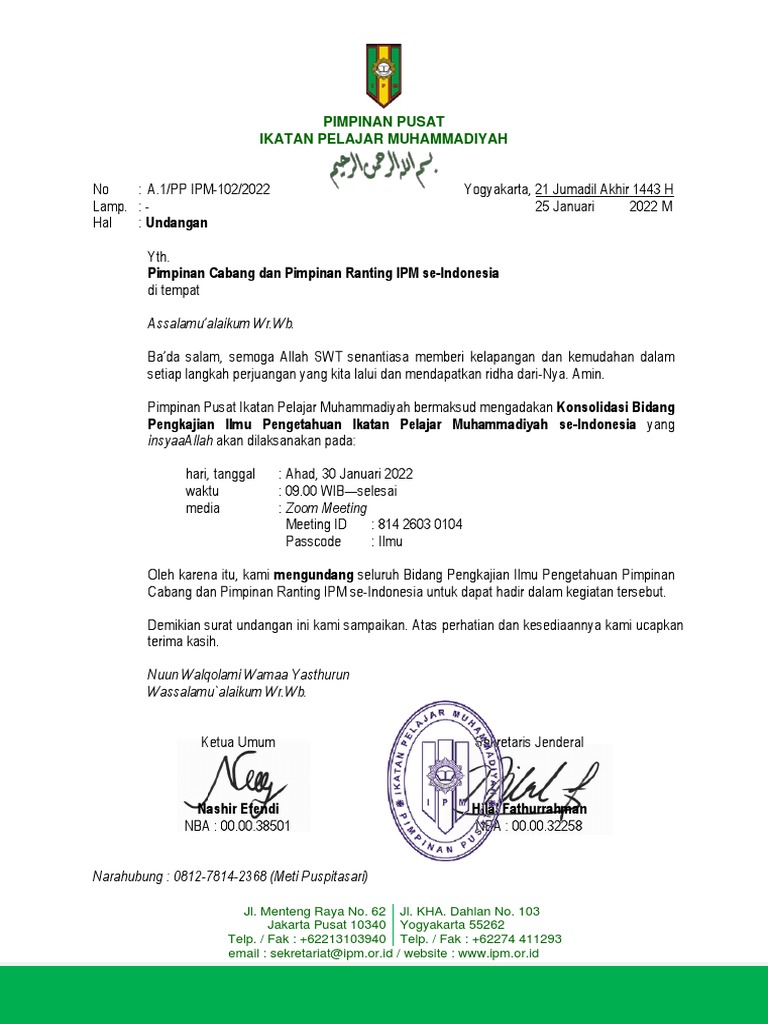 102-Undangan Konsolidasi PIP (PC & PR IPM Se-Indonesia) | PDF