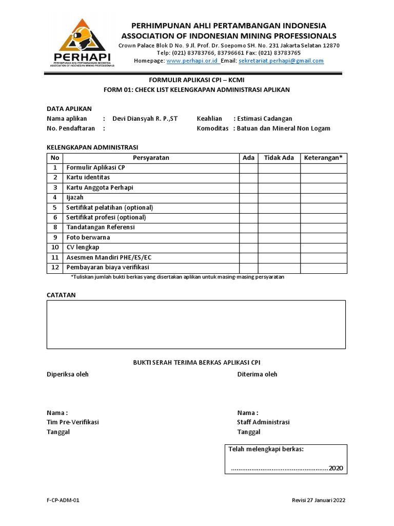 FA - 01 - Form Aplikasi - Kelengkapan Administrasi | PDF
