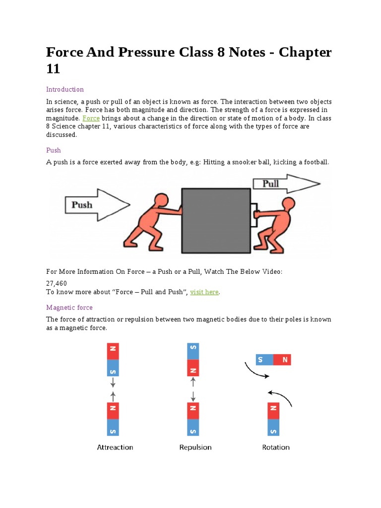 Force and Pressure Class 8 Notes - Chapter 11 | PDF | Force | Velocity