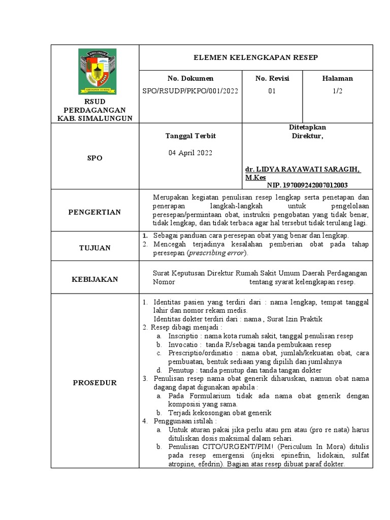 SOP Elemen Kelengkapan Resep Nomor | PDF