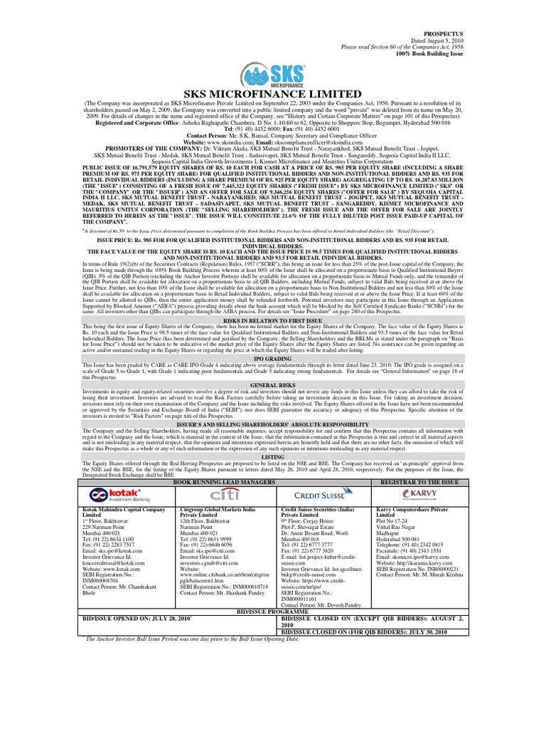 Sks Microfinance Prospectus | PDF | Stocks | Initial Public Offering