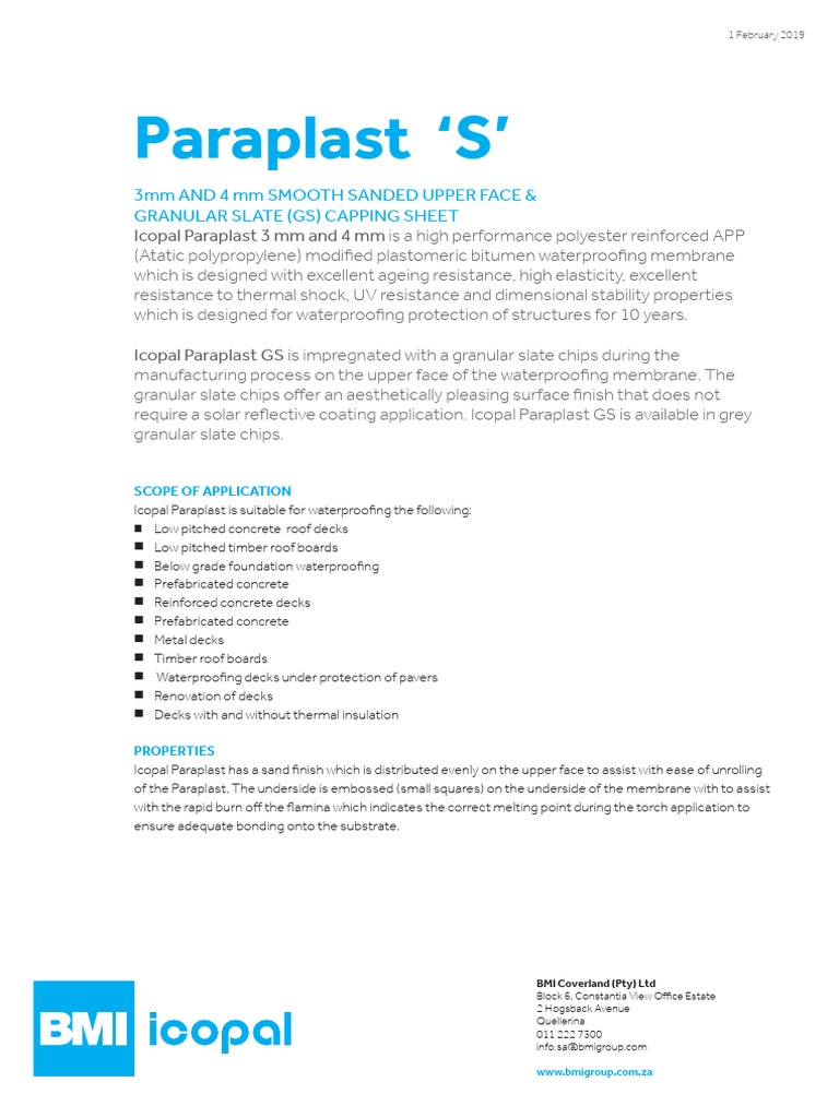 BMI Paraplast S Datasheet | PDF | Roof | Concrete