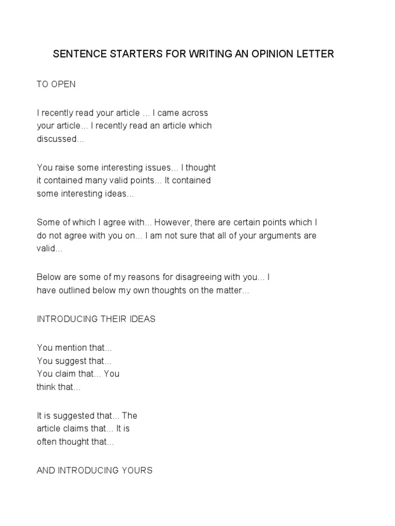 Sentence starters for writing a letter | PDF