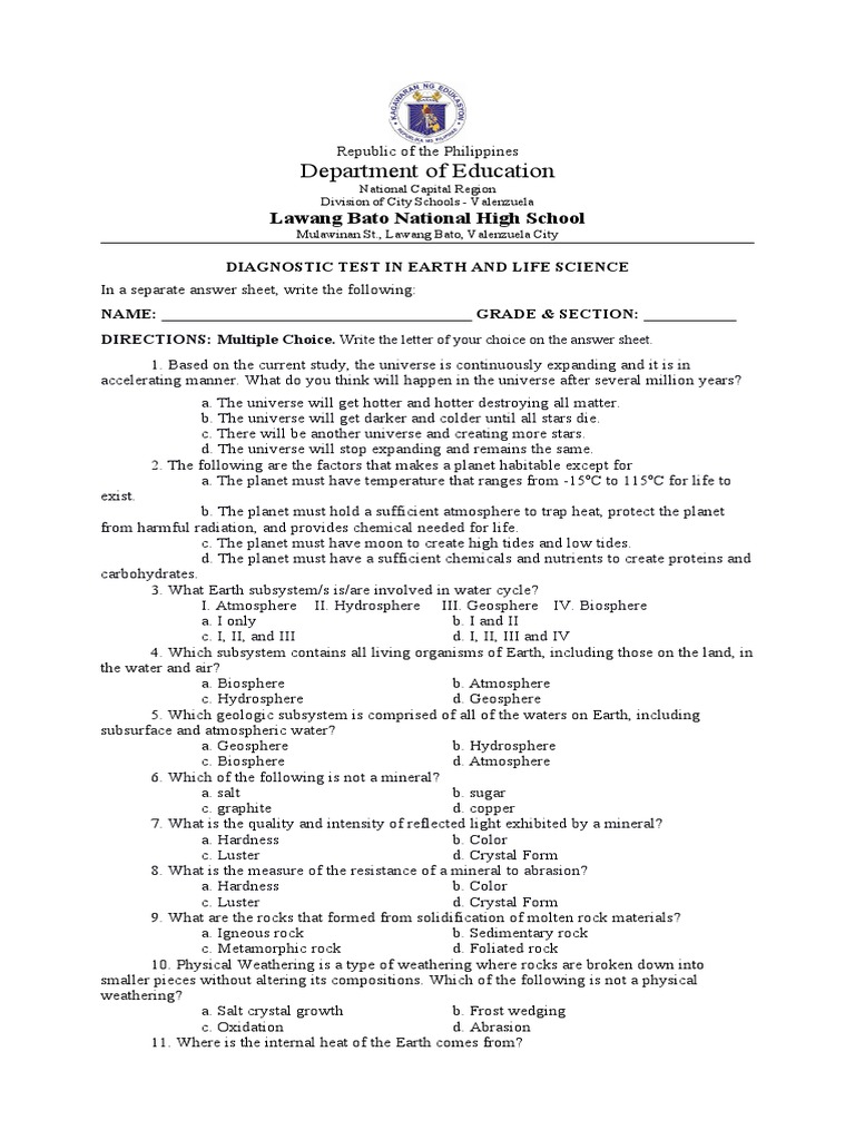 Els Diagnostic Test Sy 2022 2023 1 Logo | PDF | Rock (Geology ...
