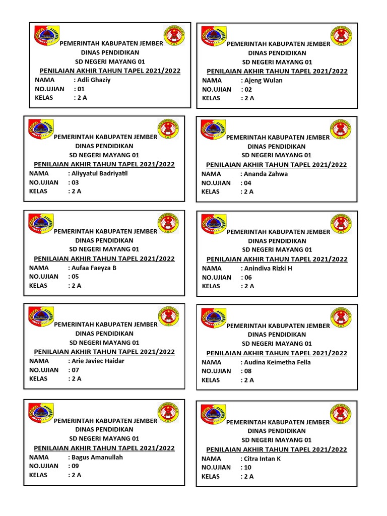 Template Nomor Dada Ujian Praktek | PDF