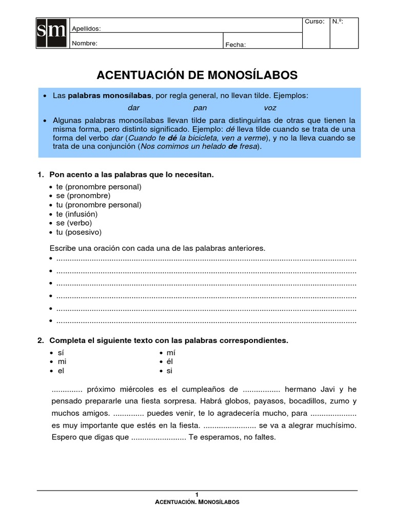 Guía de Acentuación de Monosílabos | PDF | Sintaxis | Lingüística