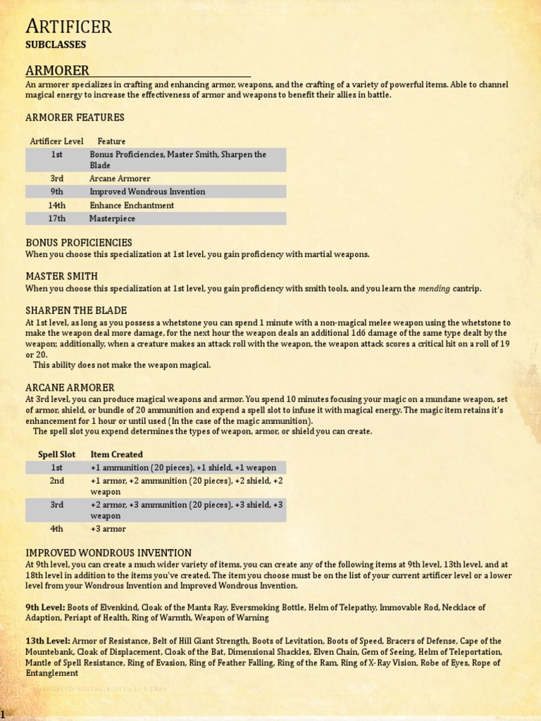 5e-Subclasses Artificer | PDF | D20 System | Fantasy Role Playing Games