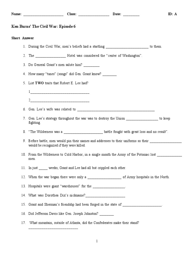 Civil War Episode 6 Short Answer Guide | PDF