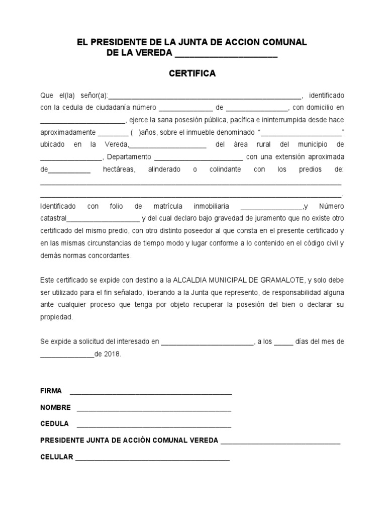 Modelo-De-Certificacion-Junta-De-Accion-Comunal - Posesion | PDF