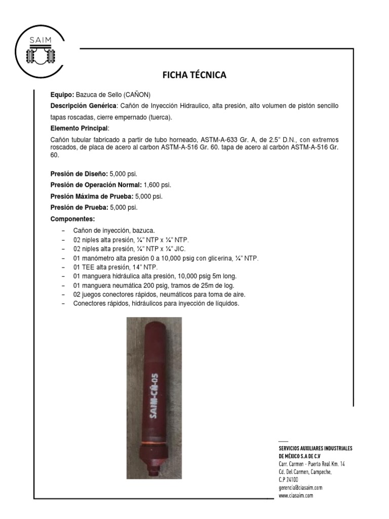Ficha Tecnica - Cañon - de - Inyeccion - 5000 - Psi | PDF