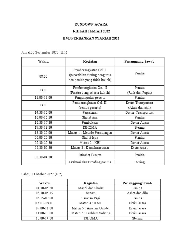 Rundown Acara Fix Rihlah Ilmiah-2022. | PDF