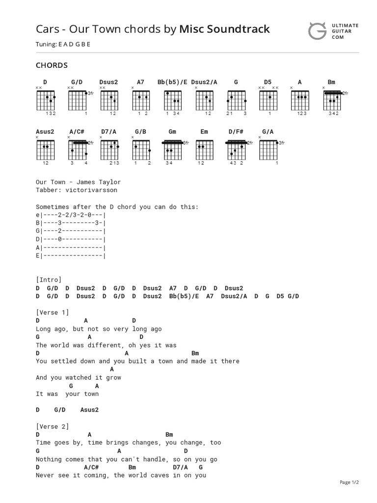 Cars - Our Town Chords by Misc Soundtracktabs at Ultimate Guitar ...