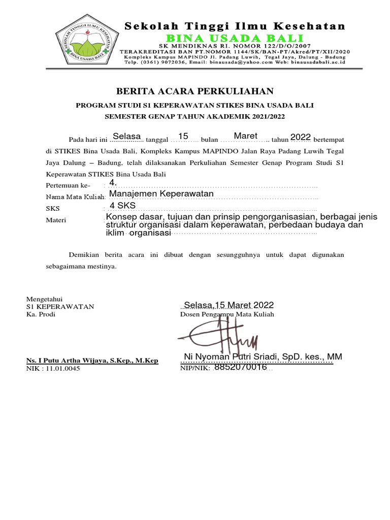 Berita Acara Perkuliahan: Program Studi S1 Keperawatan Stikes Bina Usada Bali Semester Genap ...