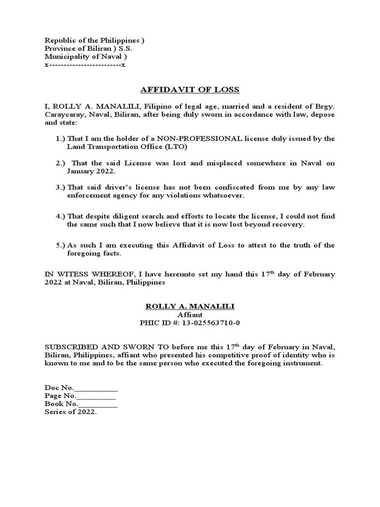 Affidavit of Loss (License) | PDF