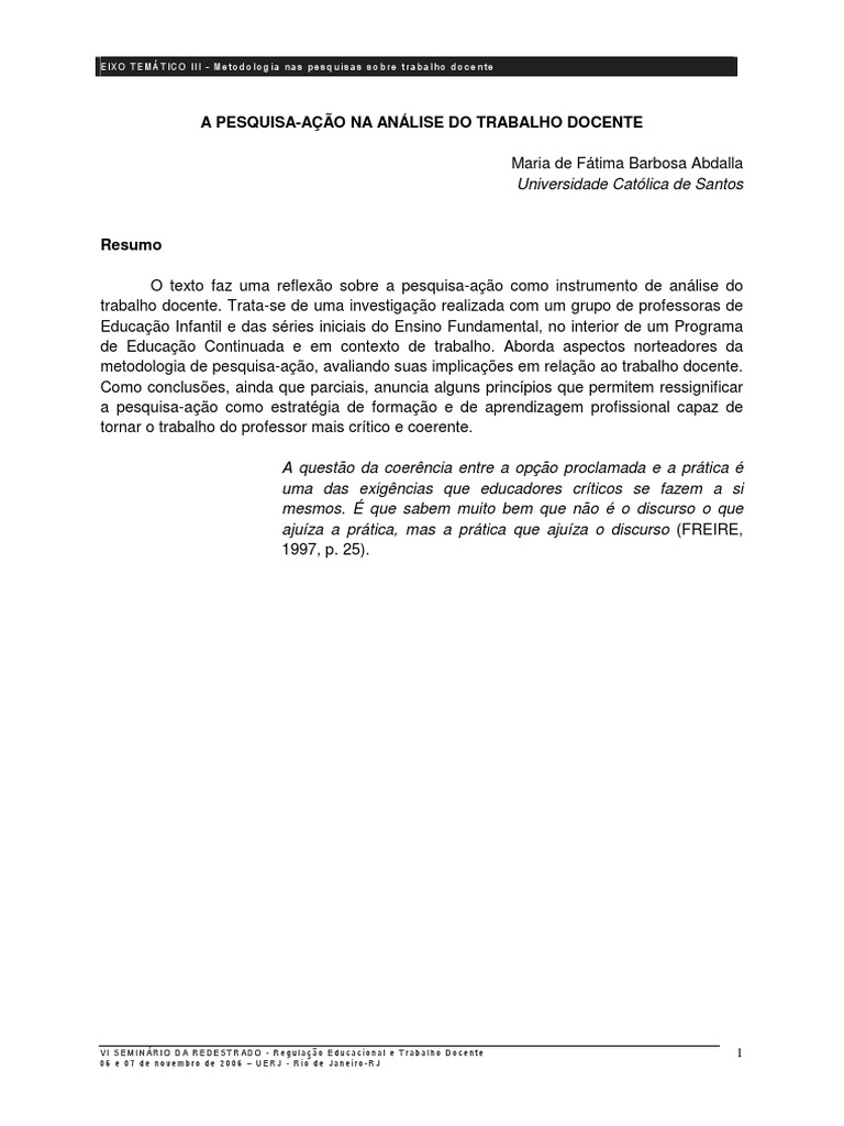 ABDALLA A - Pesquisa - Acao Na Anã¡lise Do Trabalho Docente | PDF ...