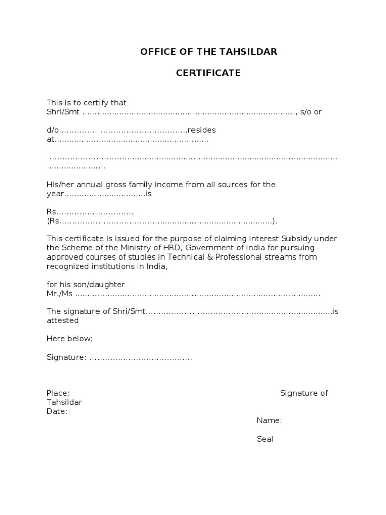 Income Certificate Format by Tahsildar | PDF | Government | Business