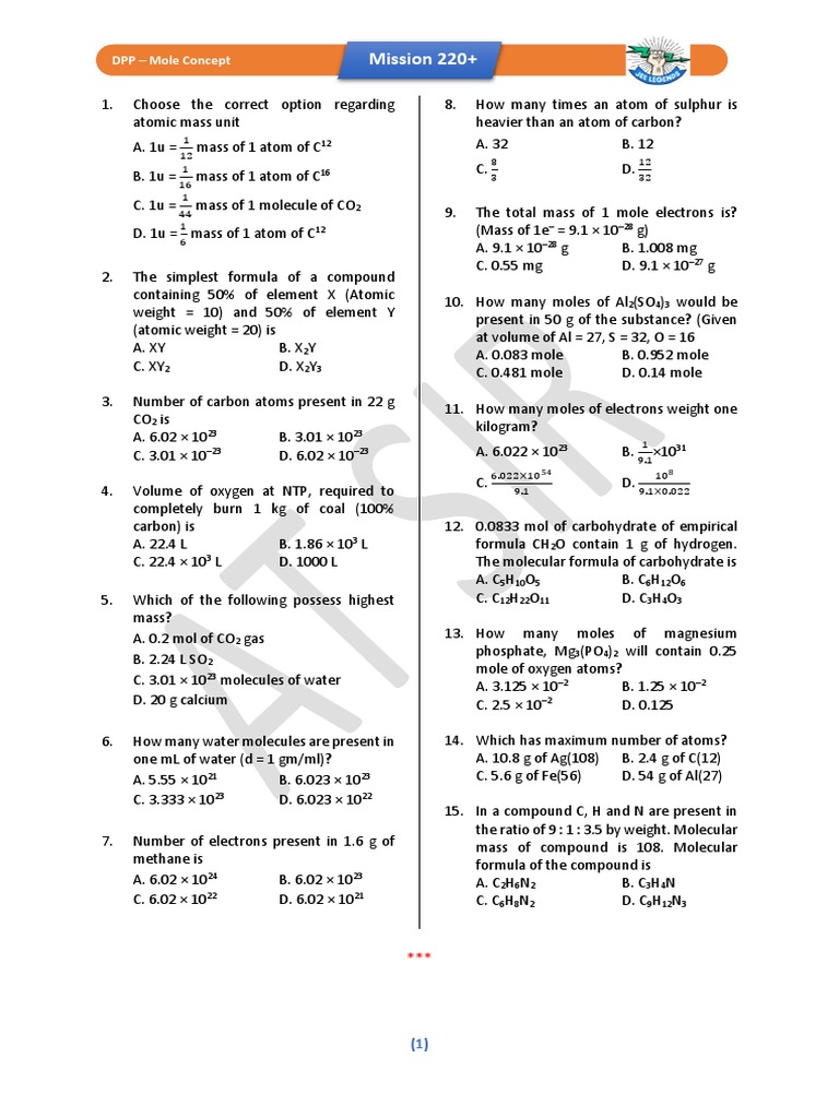 DPP - Mole Concept - 2 | PDF | Mole (Unit) | Molecules