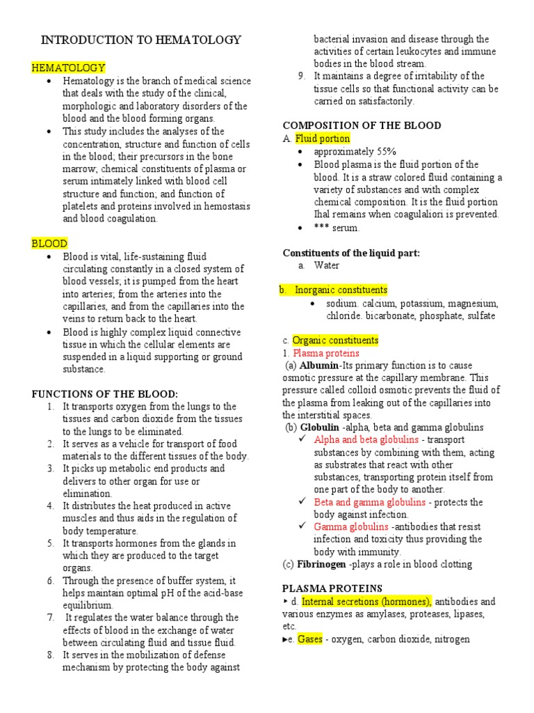 INTRODUCTION TO HEMATOLOGY | PDF | Blood | Blood Plasma