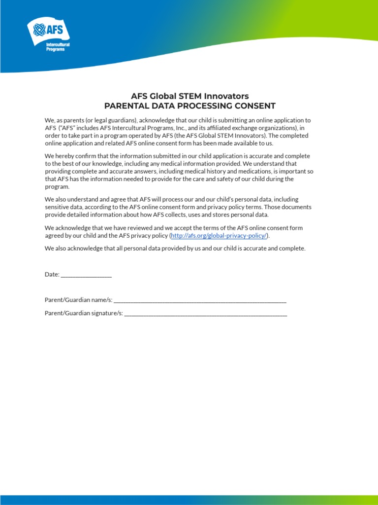 Parental Consent Form AFS Global STEM Innovators | PDF