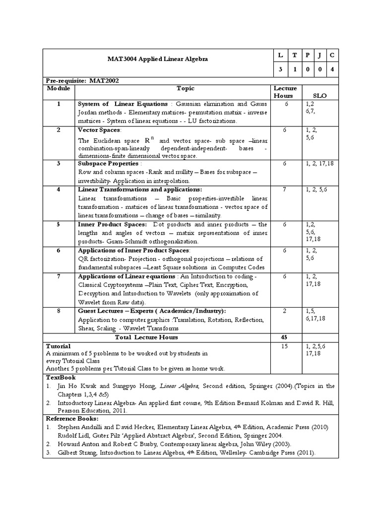 Applied Linear Algebra Course Outline | PDF | Matrix (Mathematics ...