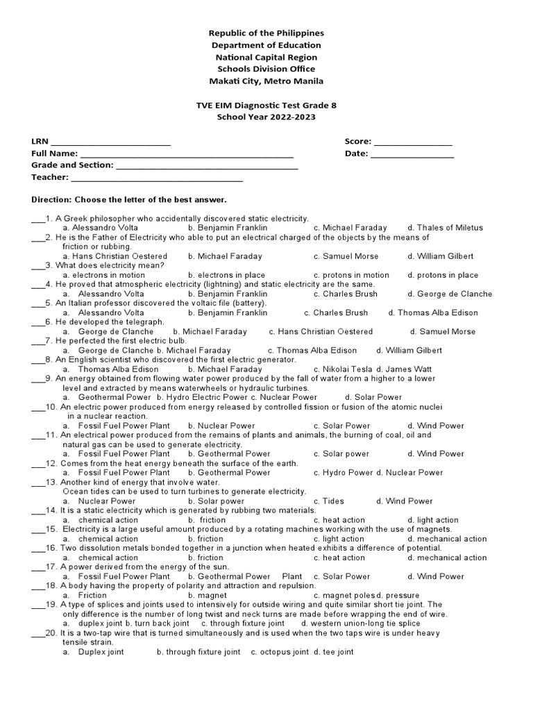 Grade 8 Electricity Diagnostic Test | PDF | Electricity | Voltage
