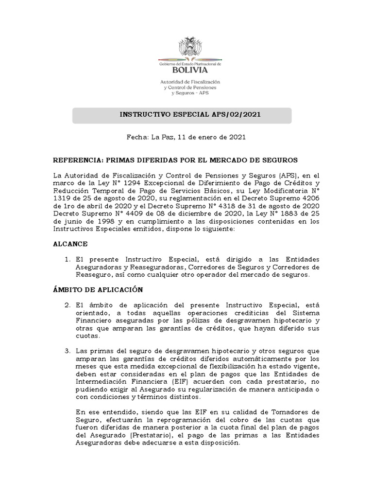 Instructivo Especial Aps - 02-2021-Primas Diferidas Por El Mercado de Seguros | PDF | Seguro ...