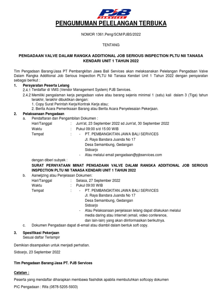 Pengadaan Valve PLTU NII Kendari 2022 | PDF