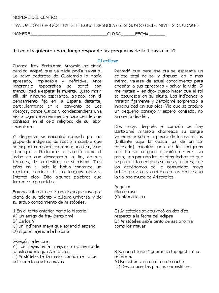 Prueba Diagnostica de Español Segundo Ciclo (Mejorada) | PDF | Ensayos ...