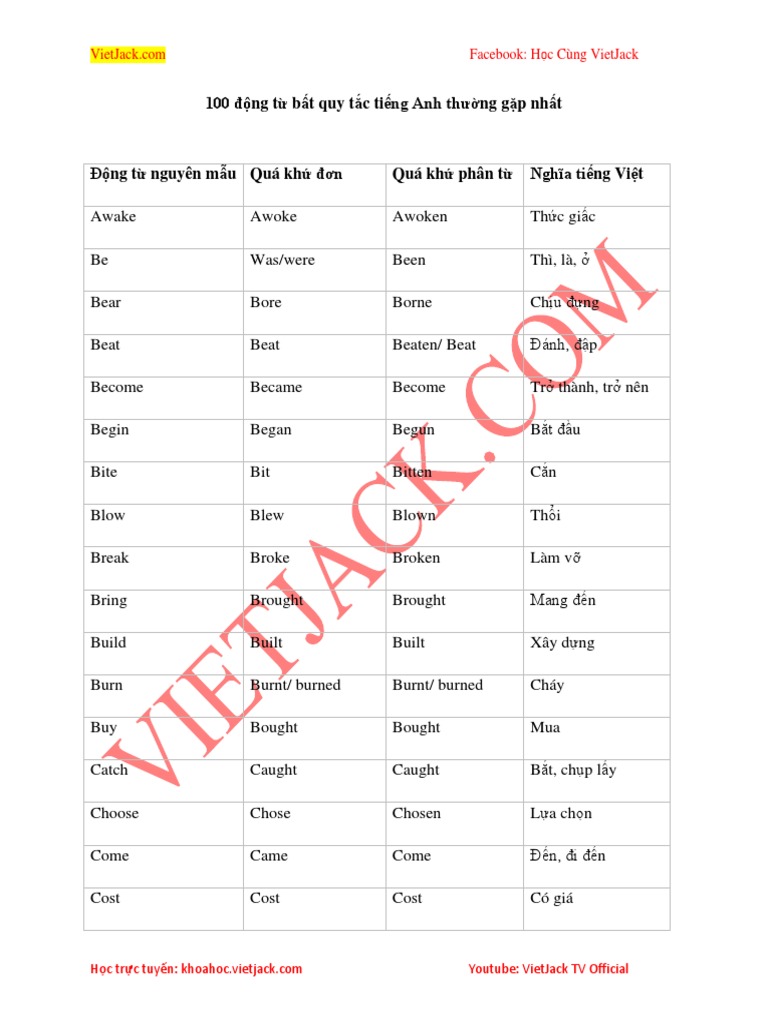 100 Dong Tu Bat Quy Tac Thuong Gap Nhat | PDF