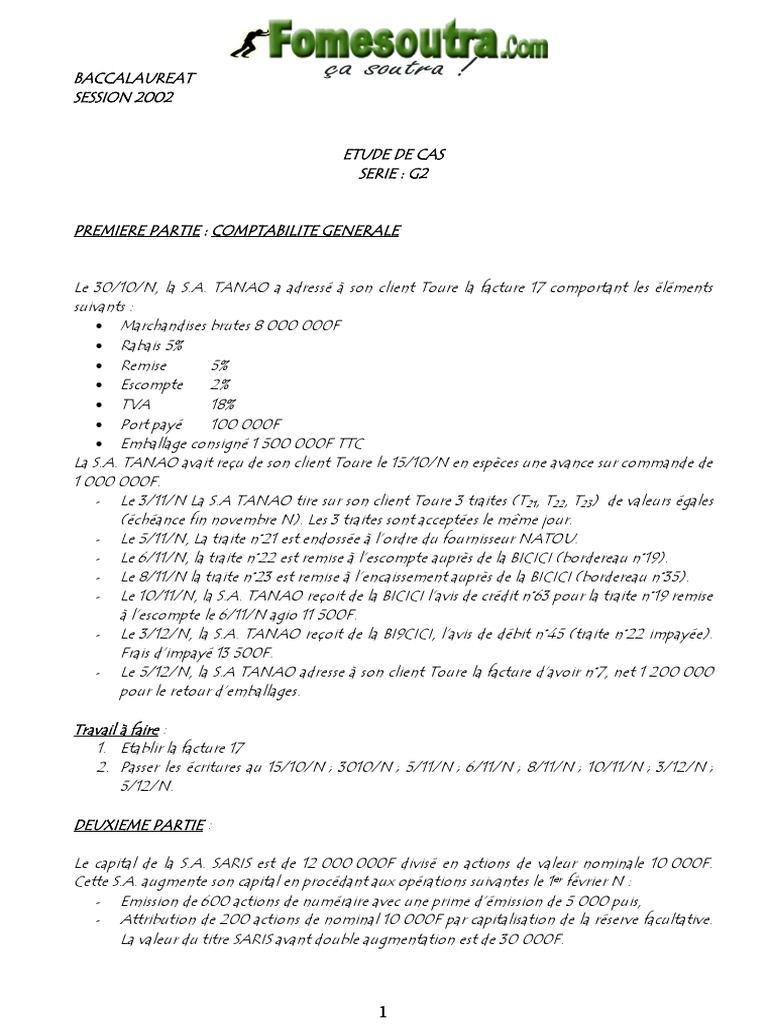 Sujet D Etude de Cas Bac g2 2002 | PDF | Action (Finance) | Dépréciation