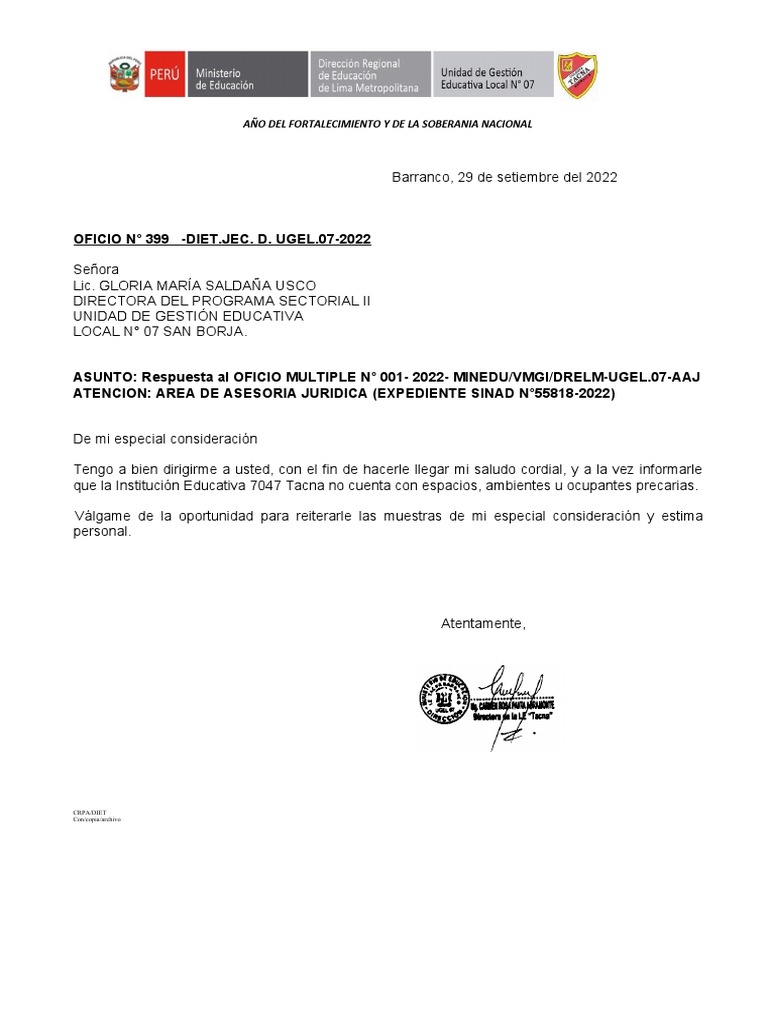 Respuesta Al OFICIO MULTIPLE #001 - 2022 - MINEDU | PDF