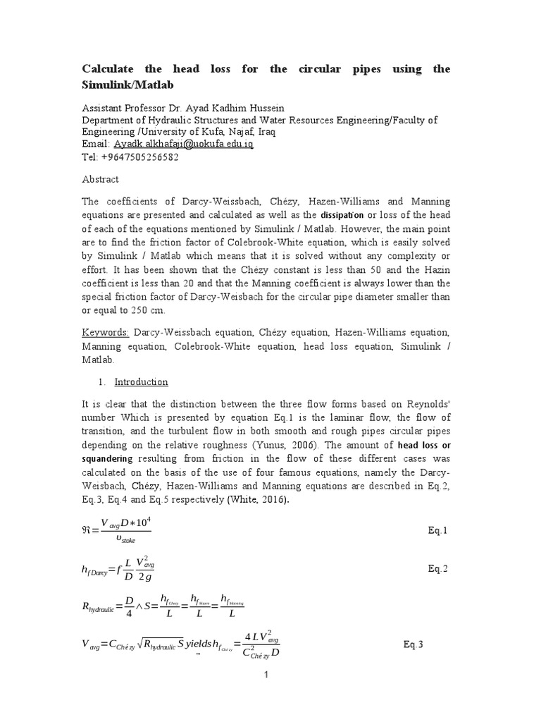 Calculate The Head Loss For The Circular Pipes Using The SimulinkMatlab | PDF | Continuum ...