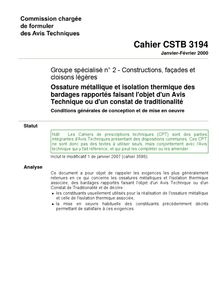 Cahier CSTB - 3194 - Ossat Métal | PDF | Mur | Acier inoxydable