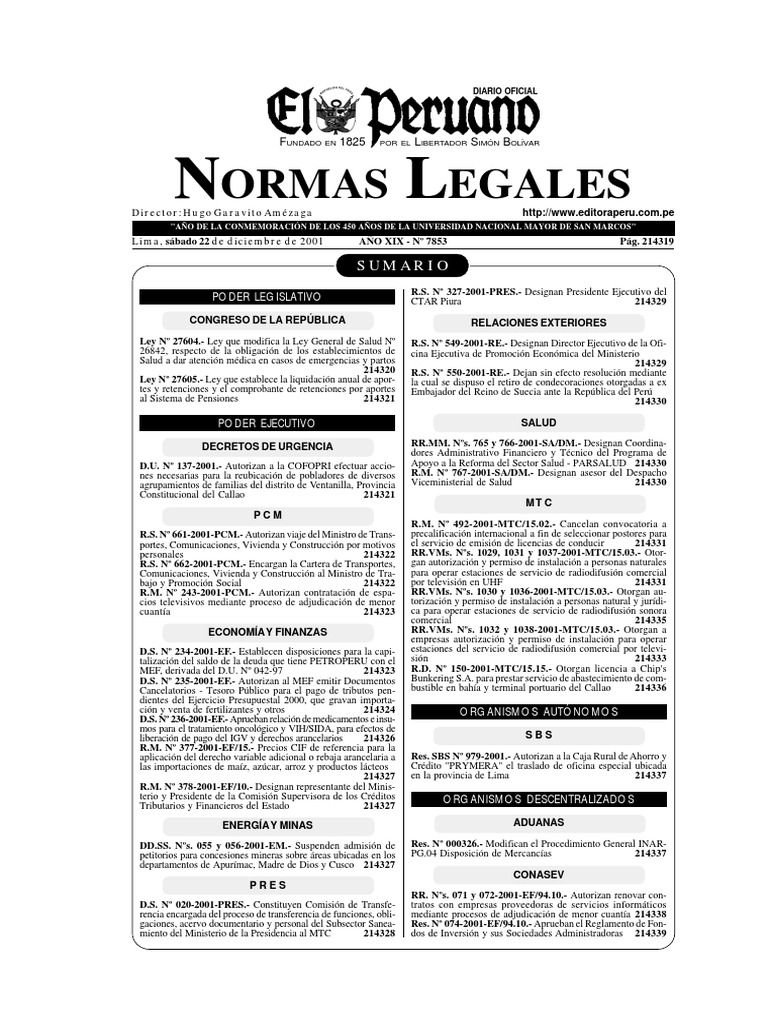 Ley 27604 Modifica Ley de General de Salud 26842 | PDF | Perú | Lima