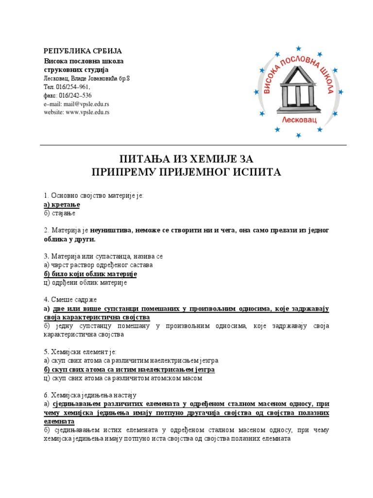 Pitanja Iz Hemije Za Pripremu Prijemnog Ispita | PDF