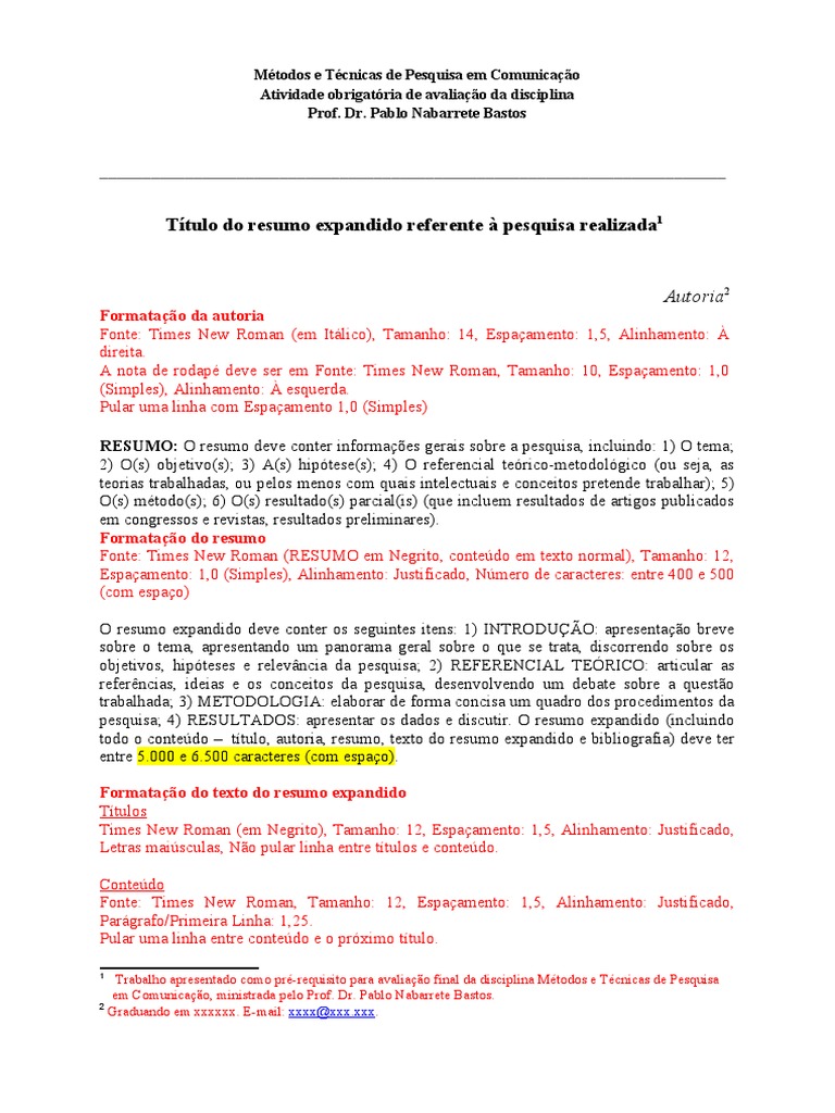 Modelo de Resumo Expandido - Trabalho Final de Métodos e Técnicas de Pesquisa | PDF | Abstract ...
