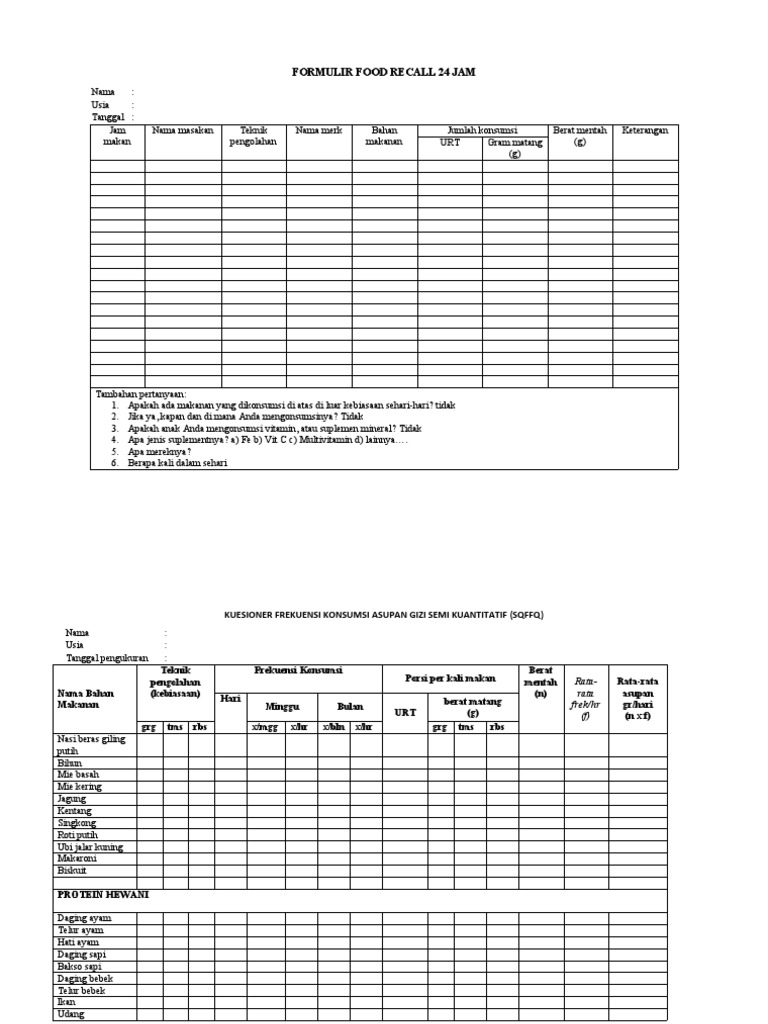 Formulir Food Recall 24 Jam - SQFFQ | PDF