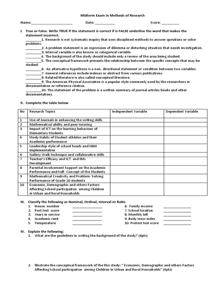 Midterm Exam in Methods of Research | PDF | Educational Technology ...