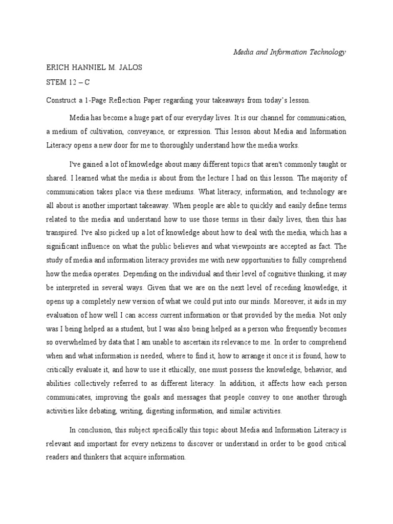 Reflection Paper Mil Erich Hanniel M. Jalos | PDF | Information | Literacy