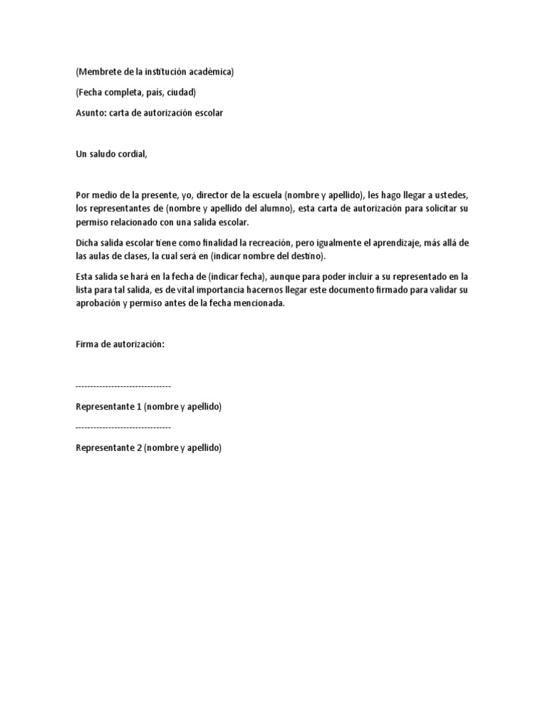 Carta de Ejemplo de Autorización de Padres para Salida Escolar | PDF