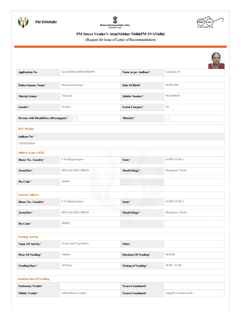 Application for PM SVANidhi Scheme | PDF | Bangalore | Government