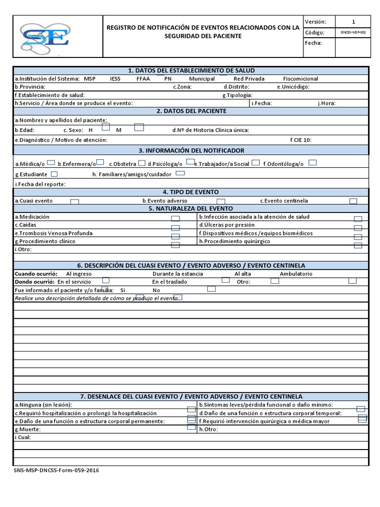 Formulario Registro Notificacion Eventos Seguridad Del Paciente | PDF | Seguridad del paciente ...