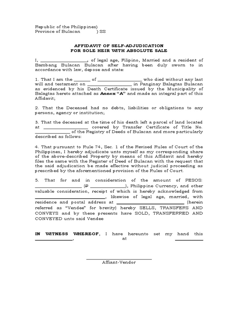 Affidavit of Self Adjudication With Sale | PDF | Civil Law (Legal ...
