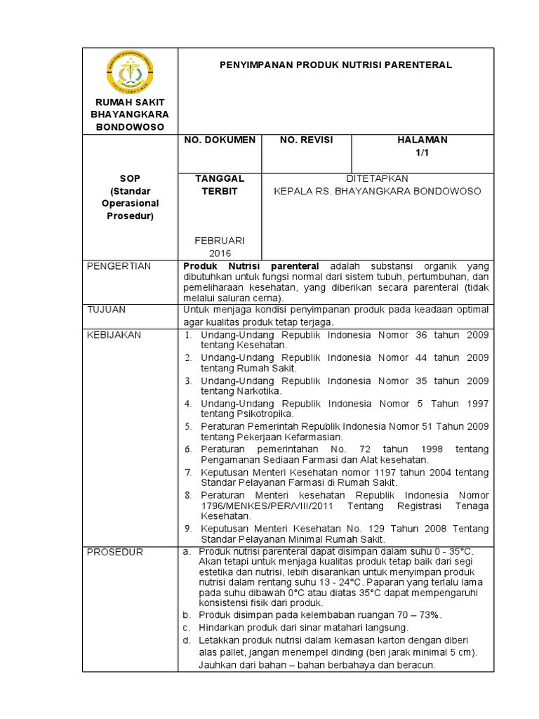 Penyimpanan Produk Nutrisi Parenteral Fix | PDF