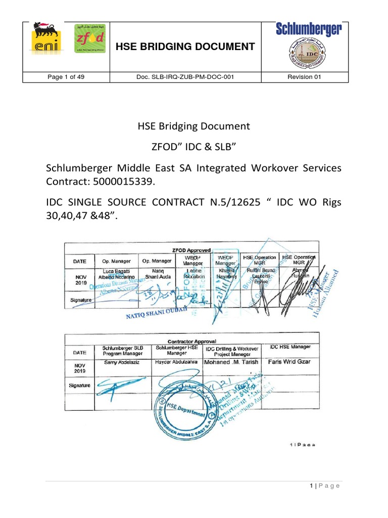 HSE Bridging Doc ZFOD - SLB IDC Main Contractors 18 Nov 2019 SLB Revision 1 | Download Free PDF ...