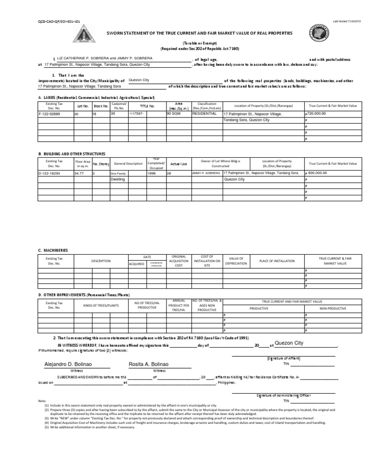 Sworn Statement of True Market Value | PDF | Property | Economies